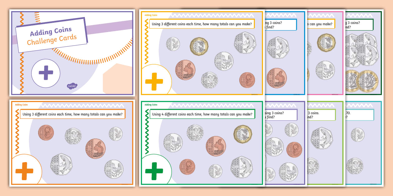 Adding Coins Maths Challenge Cards (teacher made) - Twinkl