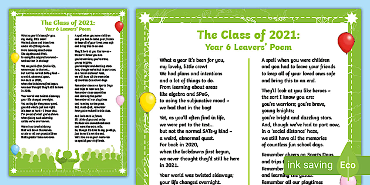 Editable The Class of 2021: Year 6 Leavers' Poem - Twinkl
