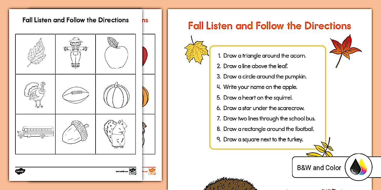 Fall Listen and Follow the Directions Worksheet - Twinkl