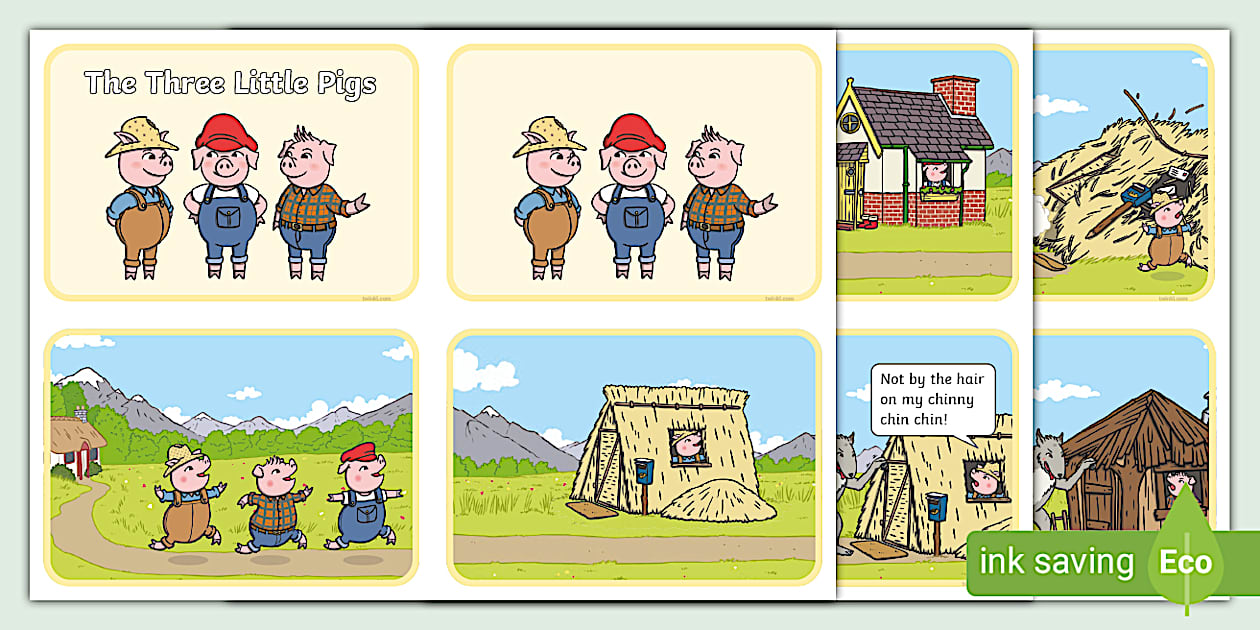 The Three Little Pigs Story Sequencing (4 per A4 with Speech Bubbles)