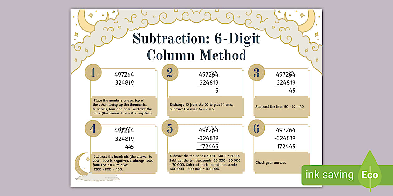 Celestial Themed Subtracting 6-Digit Numbers Using Column Method Display