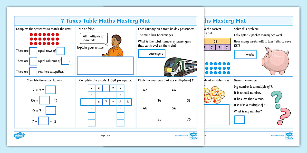 Black and White 7 Times Table Maths Mastery Mat - Twinkl