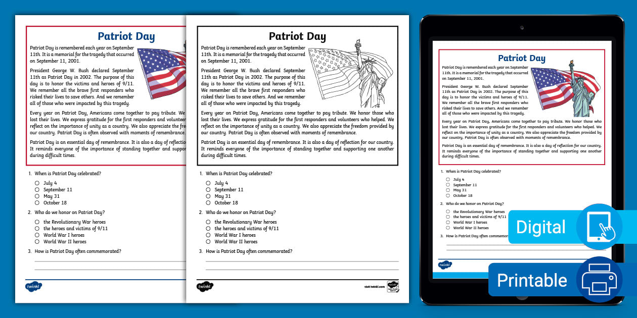 Fourth Grade Patriot Day Reading Comprehension Worksheet