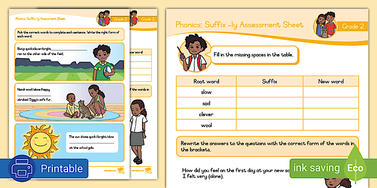 Grade 2 Phonics: Suffix -ly Assessment Sheet (teacher made)