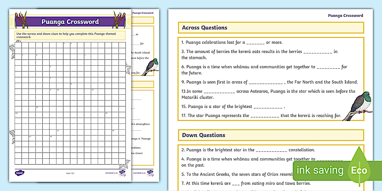 Puanga Crossword (teacher made) - Twinkl