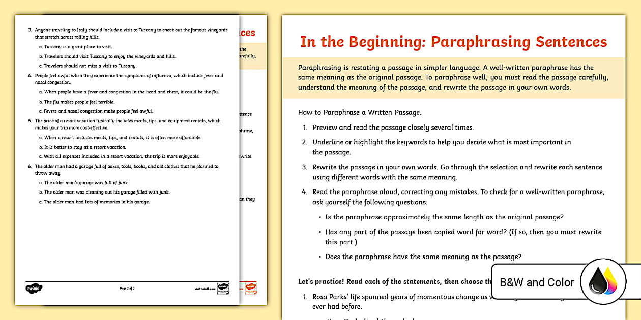 In the Beginning Paraphrasing Sentences Worksheet for 6th-8th Grade