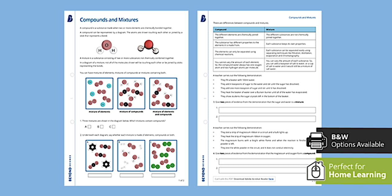 Compounds and Mixtures Worksheet | Home Learning | Beyond