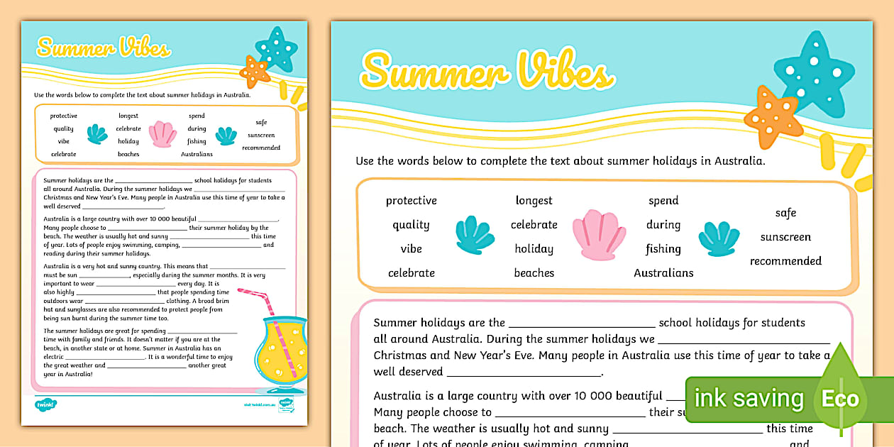 Summer Vibes Holiday Cloze Passage (teacher made) - Twinkl