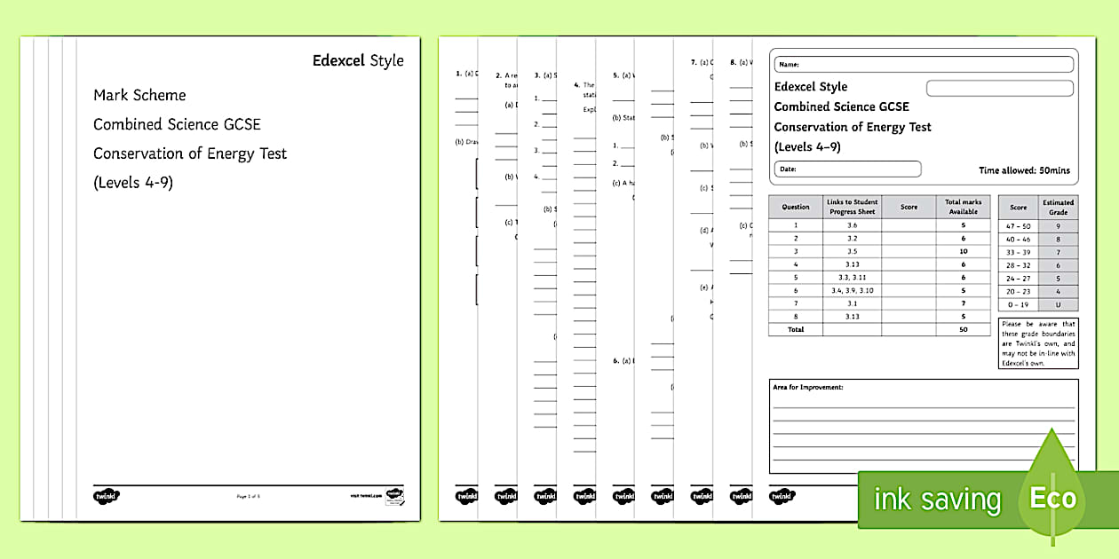 Edexcel Style GCSE Combined Science Conservation of Energy Test