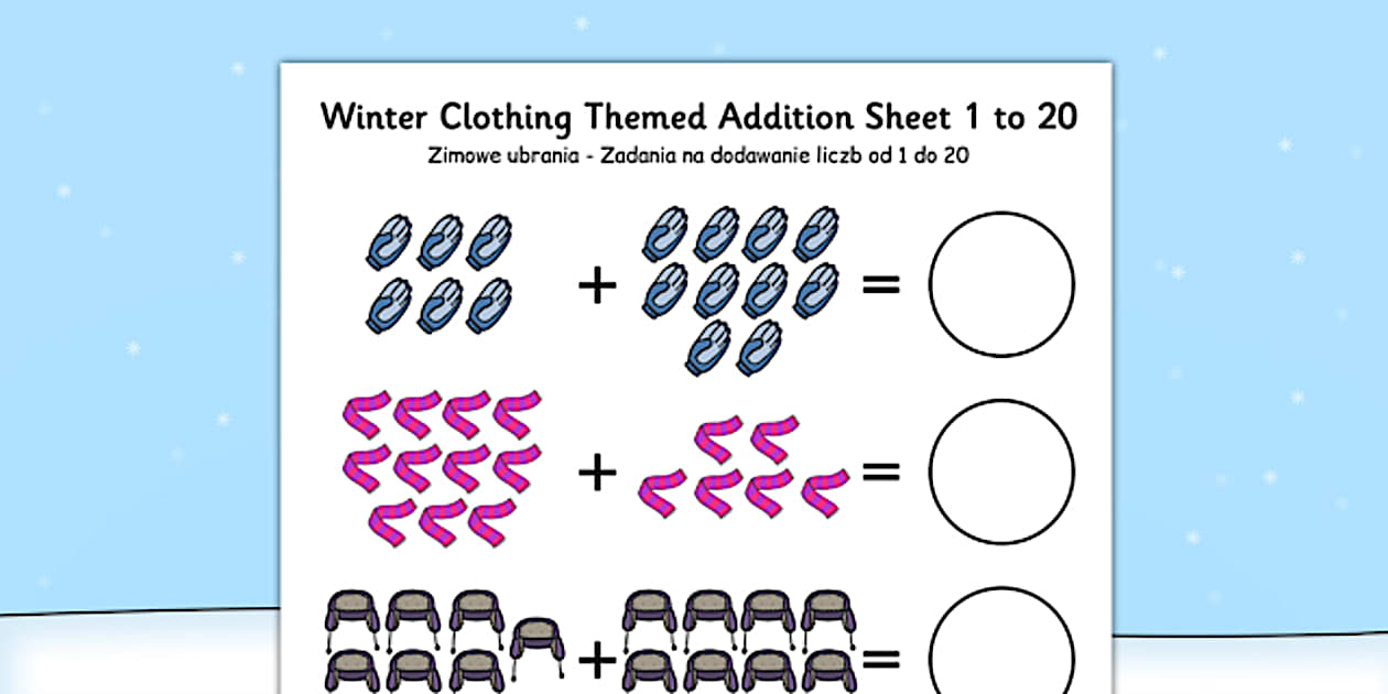 Black and White Winter Clothing Themed Addition Sheet 1-20 Polish ...
