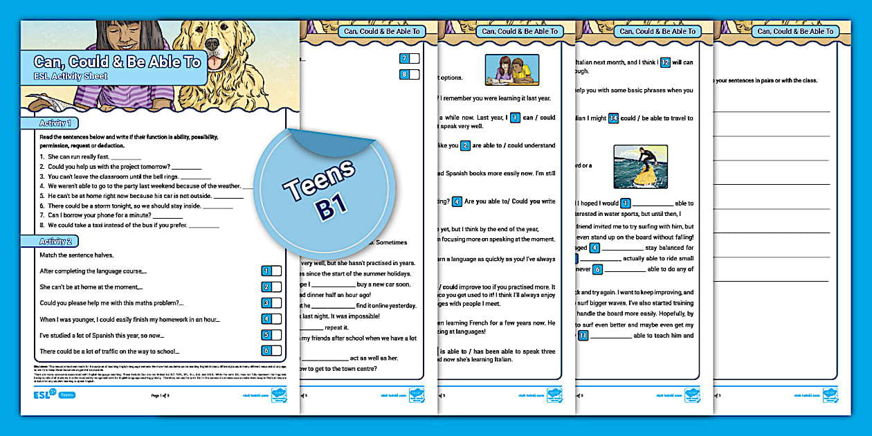 ESL Can, Could and Be Able To Activity Sheet for Teens