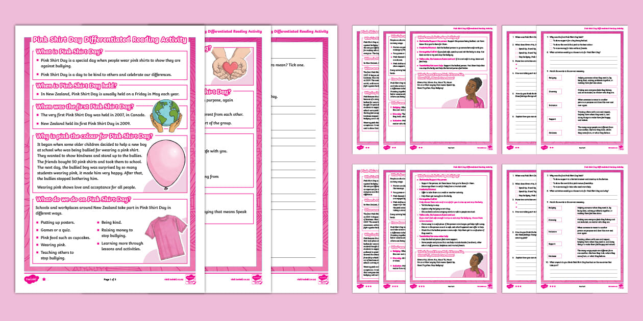 Pink Shirt Day Differentiated Reading Activity - Twinkl