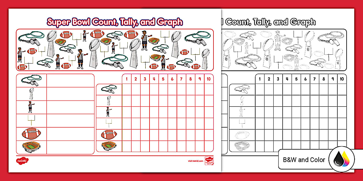 First Grade Super Bowl Count, Tally, and Graph Worksheet