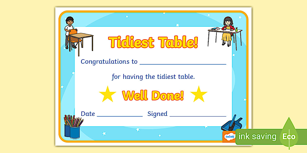 Tidiest Table Certificate, Tidy Table, Certificates - Twinkl