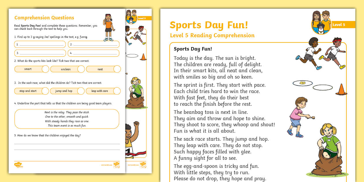 Level 5 Sports Day Fun! Reading Comprehension (teacher made)