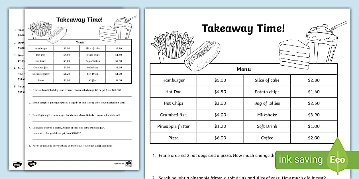 Takeaway Menu Maths Worksheet | Addition and Subtraction