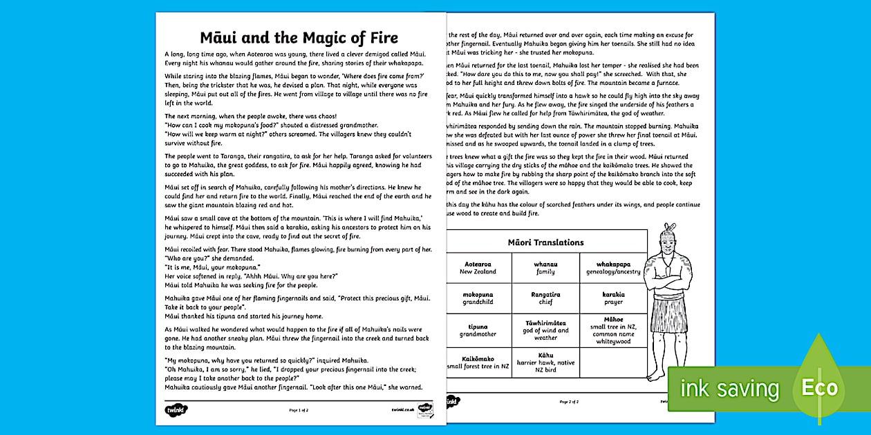 Māui and the Magic of Fire Story Print-Out (teacher made)