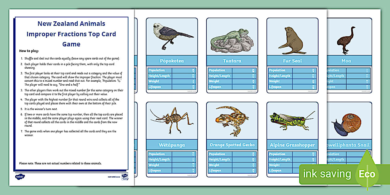 New Zealand Animal Cards: Improper Fraction Game - Twinkl
