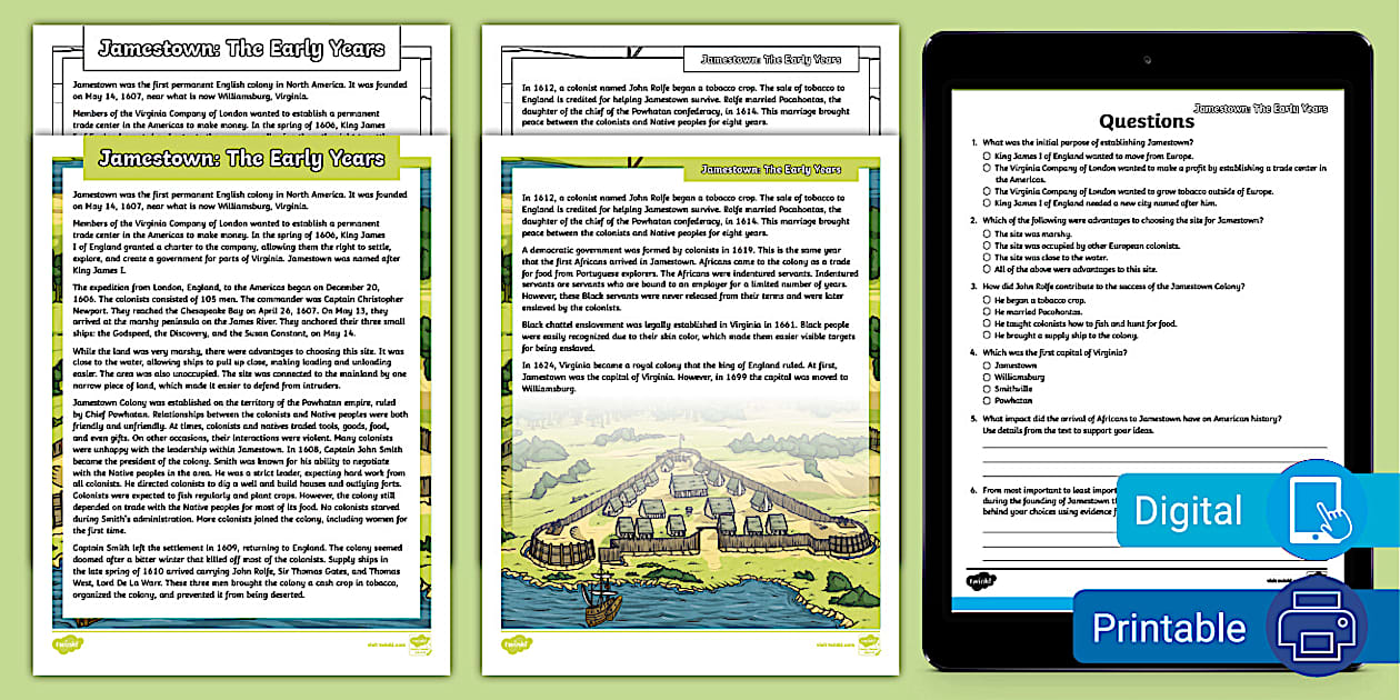 Fifth Grade Jamestown Reading Comprehension Worksheet