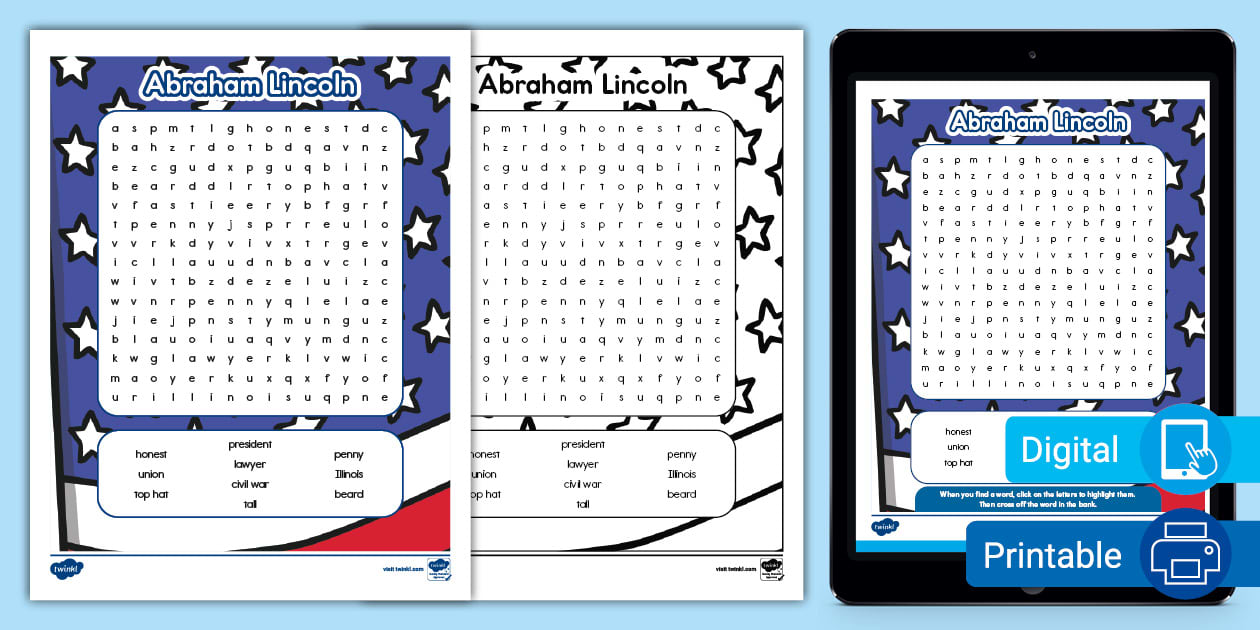 Abraham Lincoln Word Search for K-2nd Grade - Twinkl