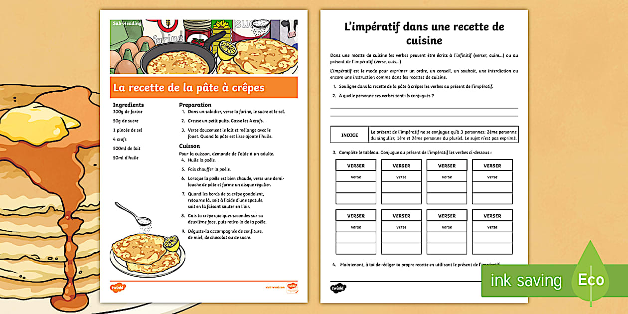 Fiche de conjugaison : Le présent de l'impératif dans une recette