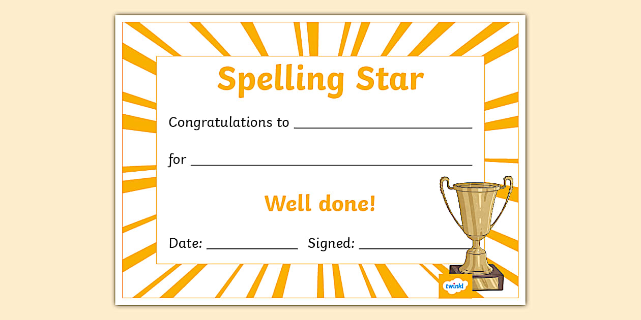 KS2 Spelling Star Certificate - Twinkl