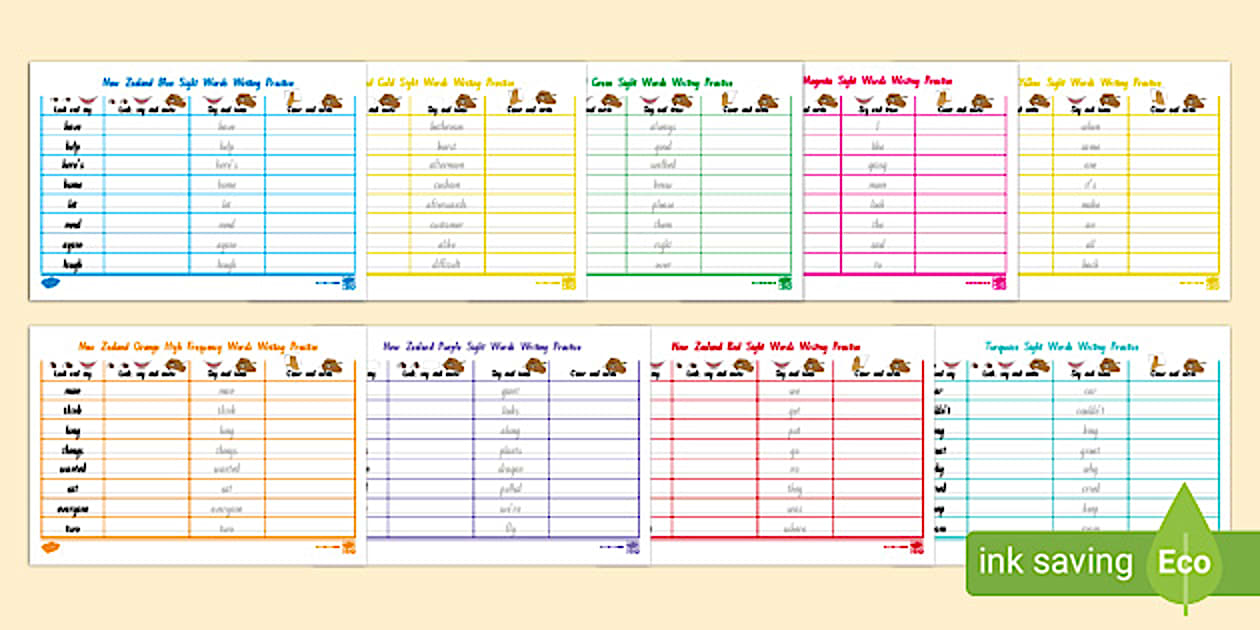 New Zealand Magenta - Gold Sight Word Writing Practice Activity Worksheets