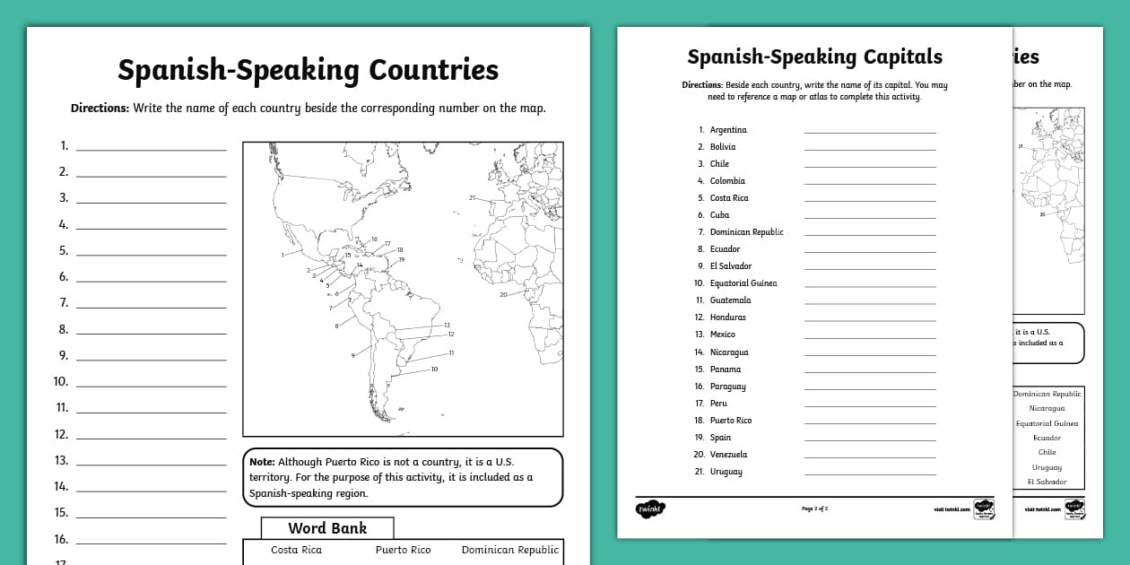 Spanish-Speaking Countries and Capitals Map Quiz for 6th-8th