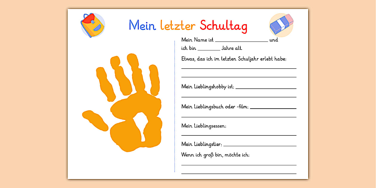Mein letzter Schultag: Alles über mich mit Handabdruck - Arbeitsblatt