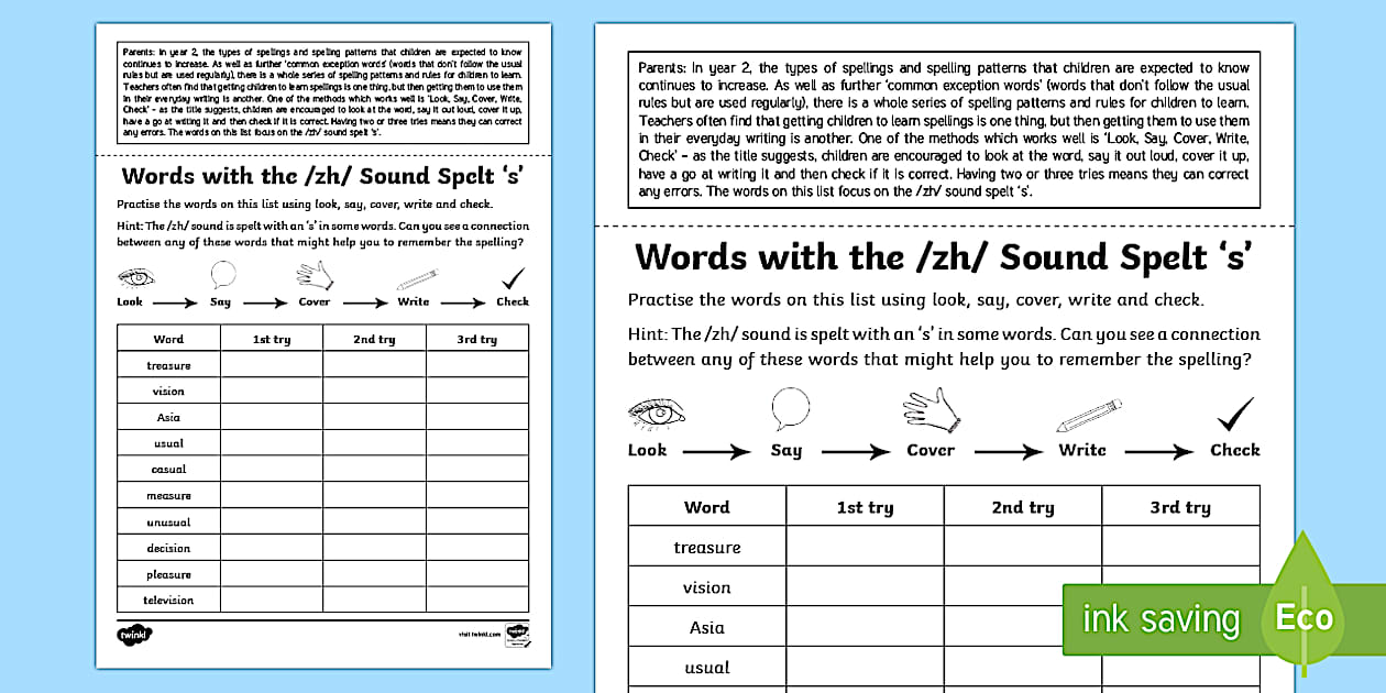 Year 2 Spelling Practice /zh/ Sound Spelt 's' Homework Worksheet ...