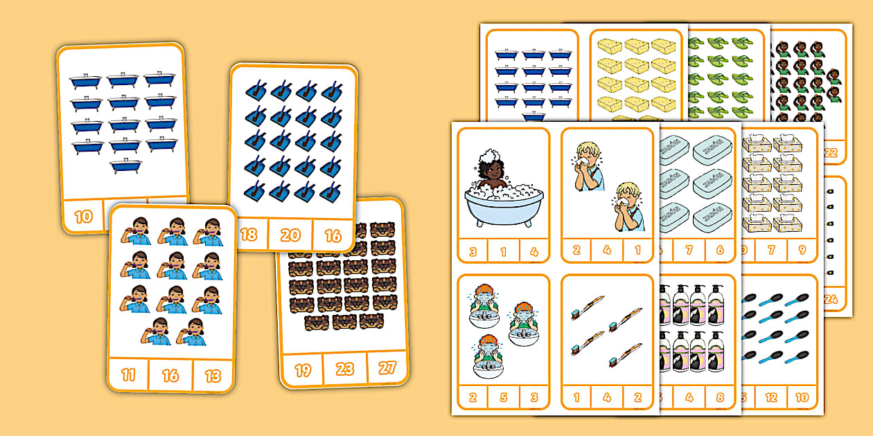 Tarjetas de conteo hasta el 40: Objetos de aseo personal