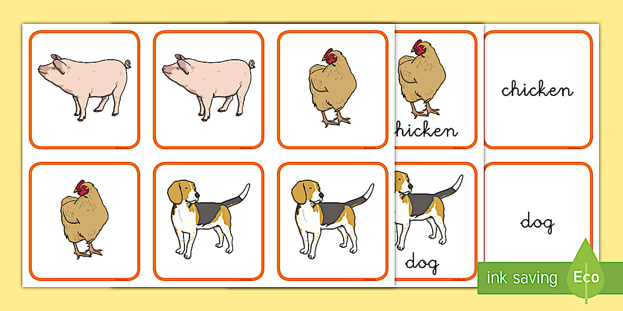 A2 Tarjetas de emparejar: Animales de la granja en inglés
