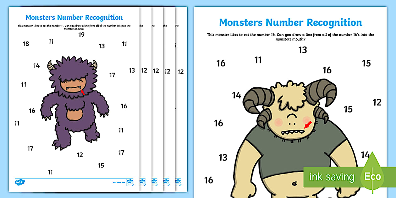 Monster Themed Number Recognition 11-20 Worksheet - Twinkl