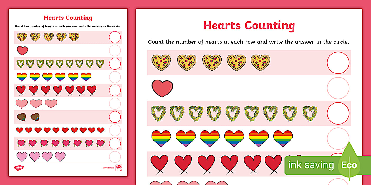 👉 Hearts Counting to 10 Worksheet (creat de profesori)