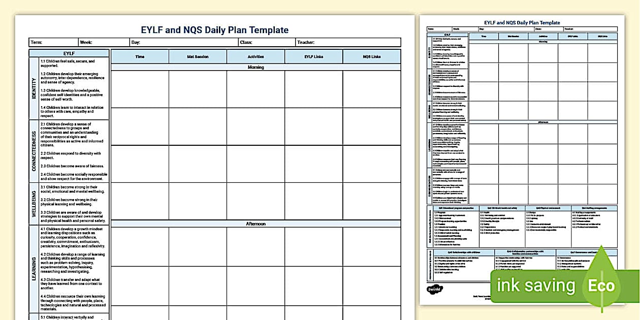 EYLF and NQS Daily Plan A3 Template (teacher made) - Twinkl