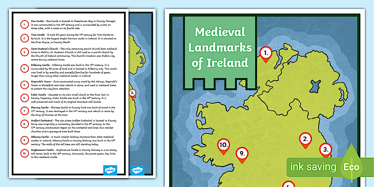 Map of Medieval Landmarks of Ireland - Famous Landmarks