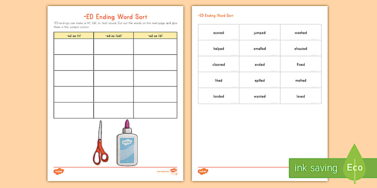 Editable -ed Ending Word Sorting Worksheet - Twinkl