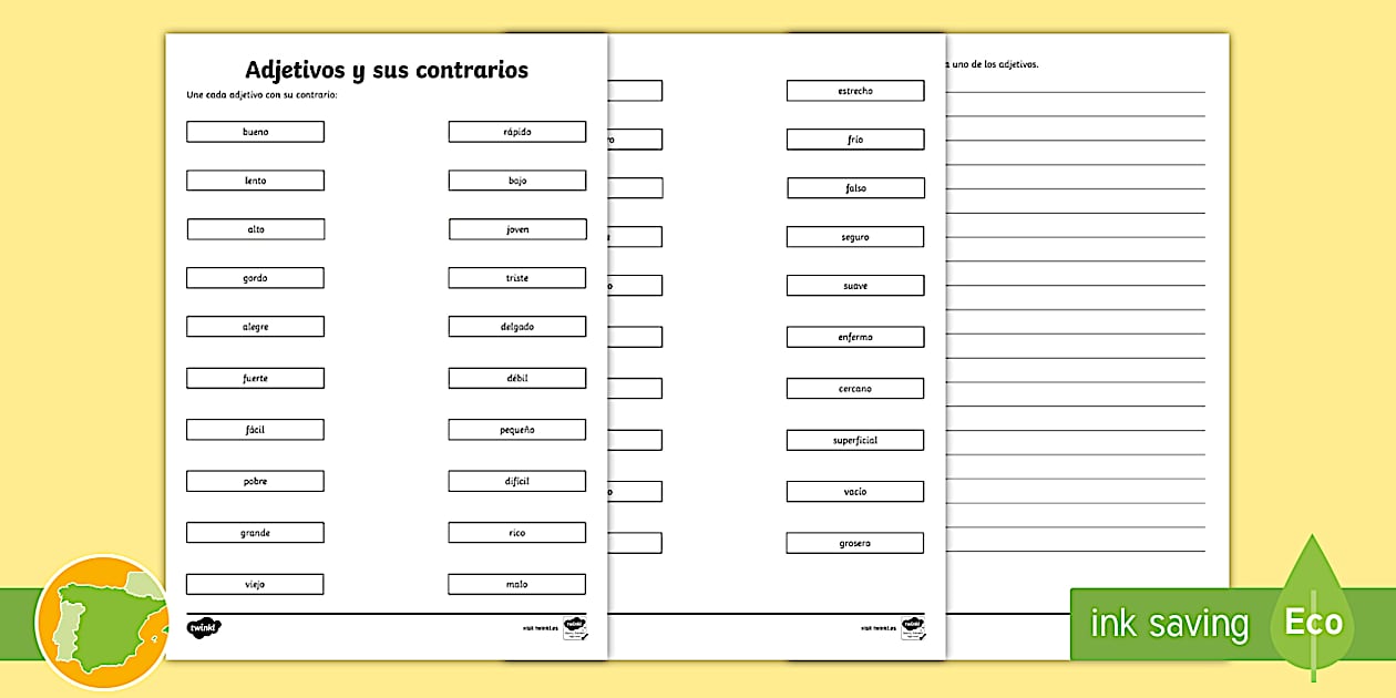 Ficha de actividad: Los adjetivos y sus contrarios - Twinkl