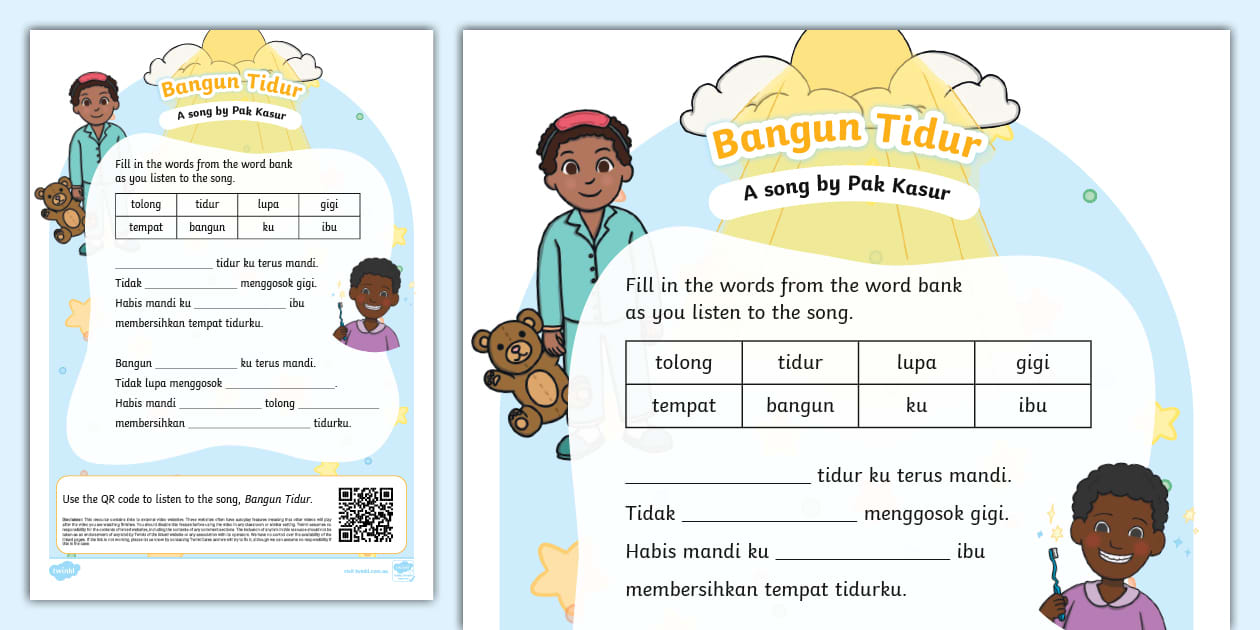 Bangun Tidur - Indonesian Song - Cloze Activity - Twinkl