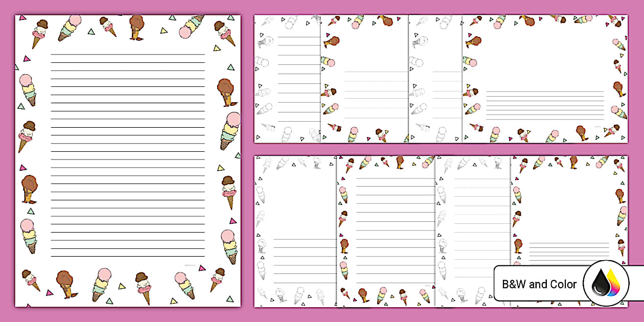 Blank and Lined Journal Writing Pages - Ice Cream Border