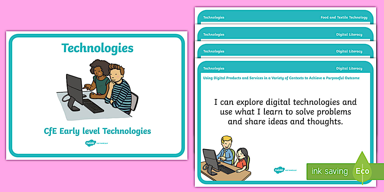 Editable CfE Early Level Technologies Experiences and Outcomes Display Posters