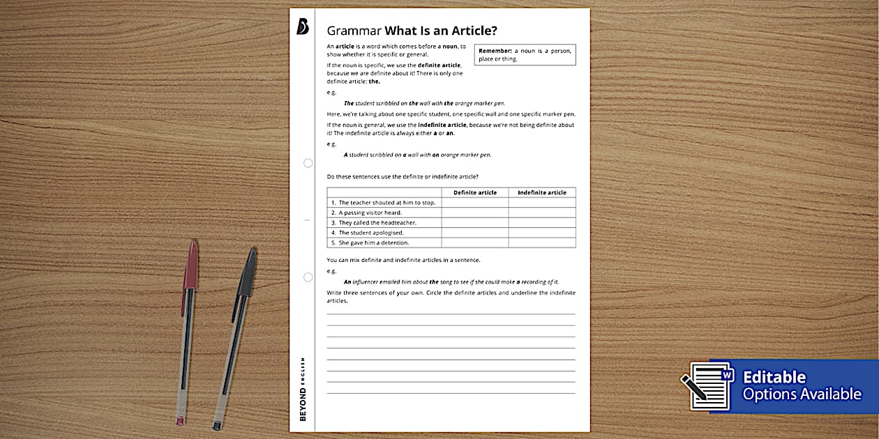 Grammar: What Is An Article? Worksheet | An, A or The | KS3 SPaG | Beyond