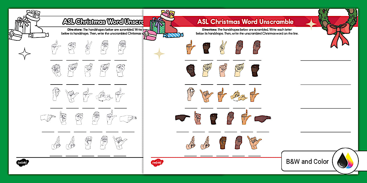ASL Christmas Word Unscramble Worksheet