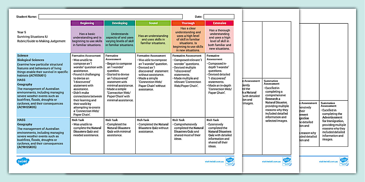 Surviving Situations Yr 5 IU Assessment Rubric - Twinkl