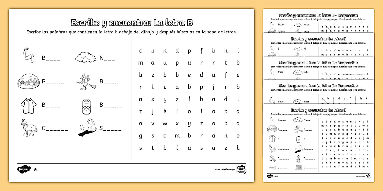 Sopa de letras: palabras que contienen la letra B | Twinkl