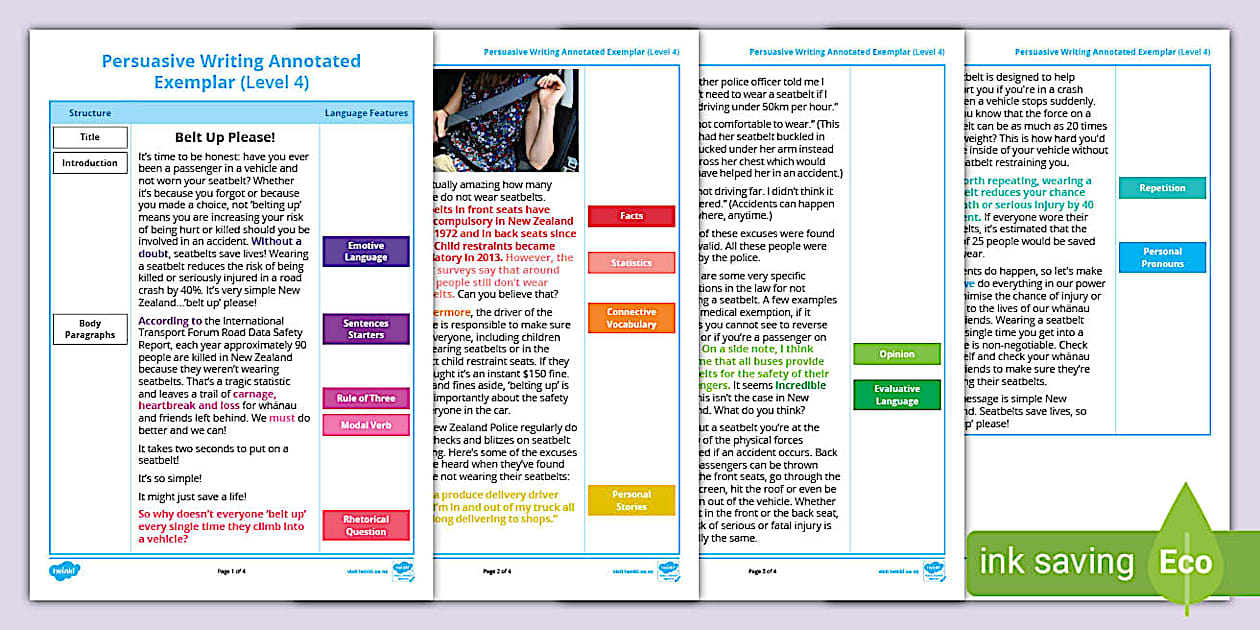 Persuasive Writing Annotated Exemplar - Level 4 - Twinkl