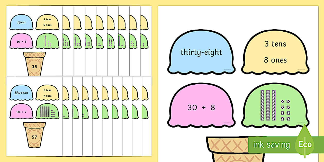 Year 1 Ice Cream Place Value Activity, Matching Cards