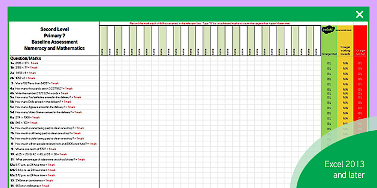 Second Level (P7) Baseline Maths Analysis Assessment Spreadsheet