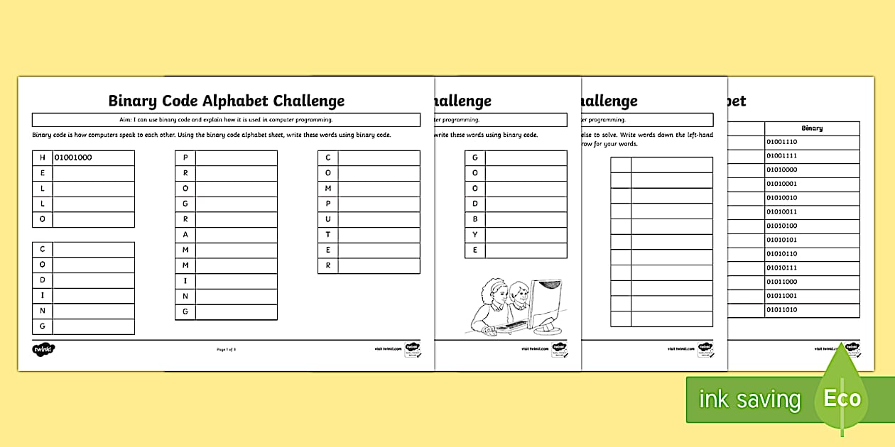 Binary Worksheet - Coding and Binary (teacher made) - Twinkl