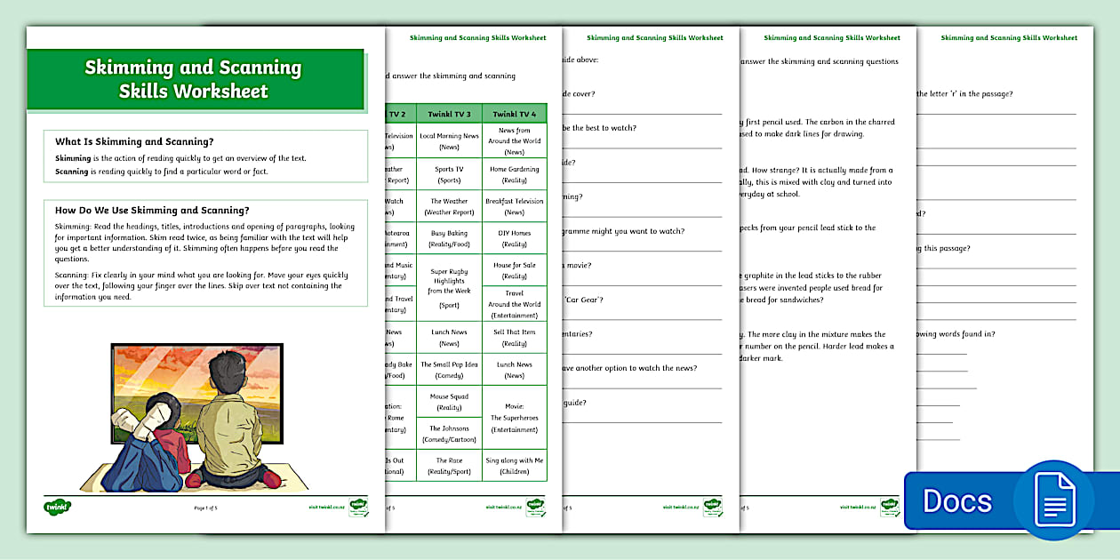 Reading Comprehension Skills: Skimming and Scanning Worksheet (Year 5-6)
